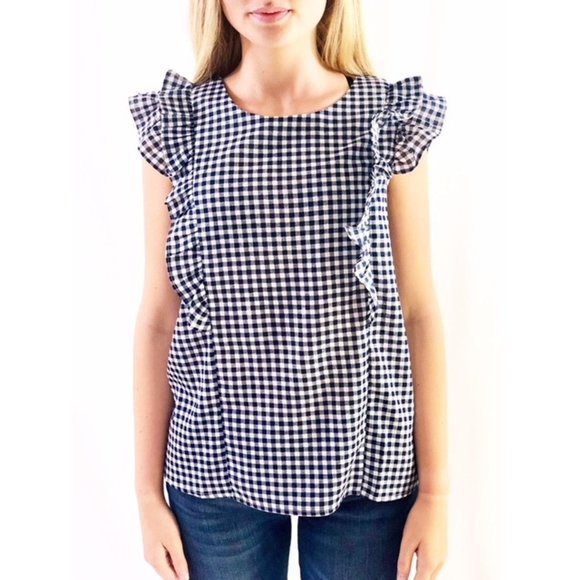 Joy Joy | Tops | Joy Joy Gingham Ruffle Top Blue White Medium | Poshmark